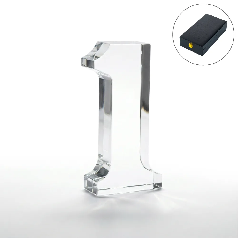 Crystal Glass Trophy in Number One Shape with Gold Lock Closure Box ...